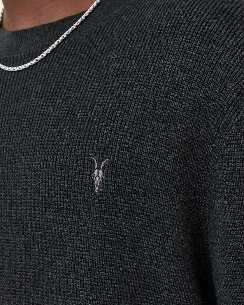 Aspen Waffle Texture Crew Neck Ramskull Jumper Cinder Black | ALLSAINTS